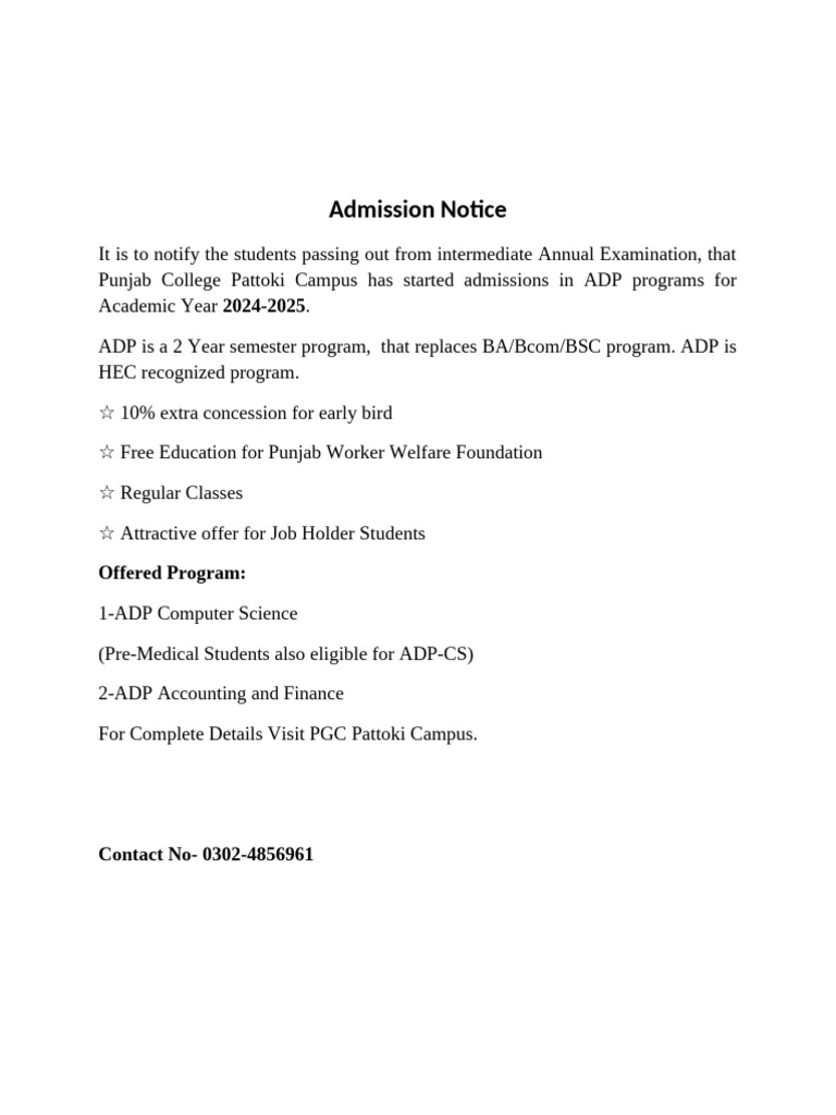 Admission Notice | PDF