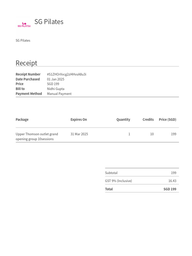 SG Pilates Upper Thomson Receipt | PDF