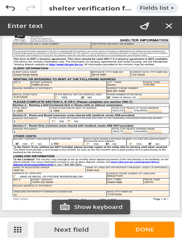 PDFfiller - Shelter Verification Form BC PDF | PDF