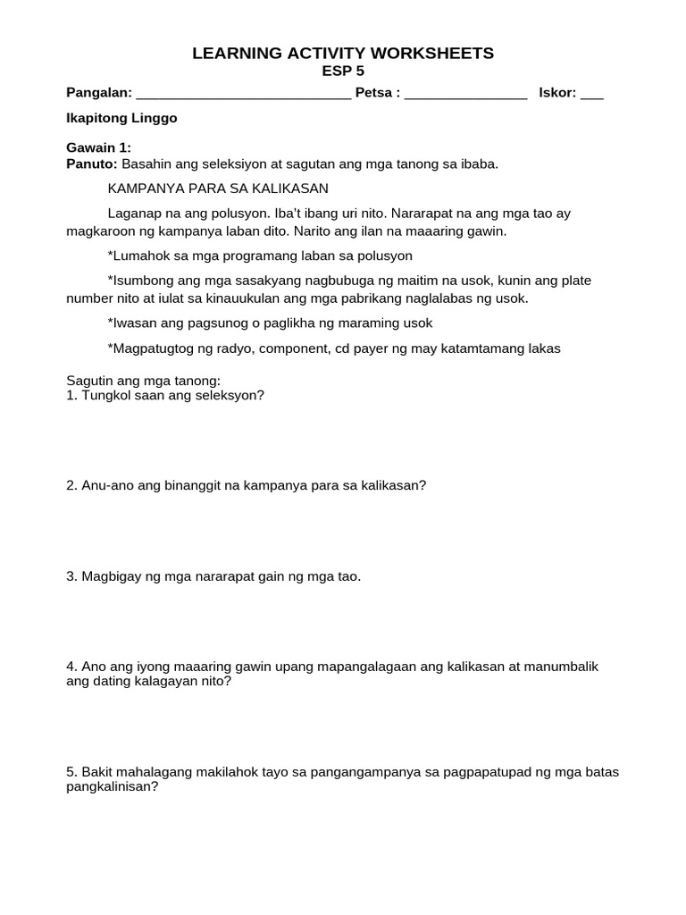 Learning Activity Worksheets: Pangalan: Petsa: Iskor: Ikapitong Linggo Gawain 1: Panuto | PDF