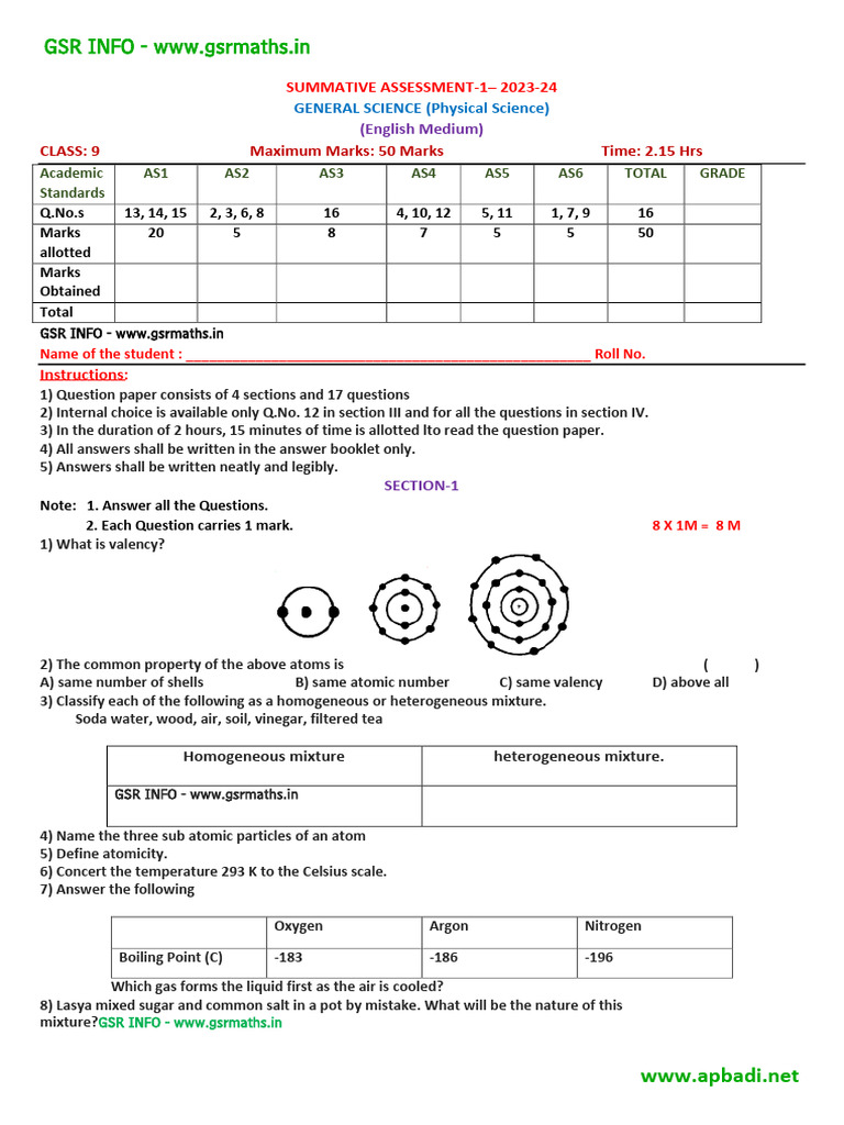 9th Class Physics SA1 Question Paper 2023 | PDF | Molecules | Materials