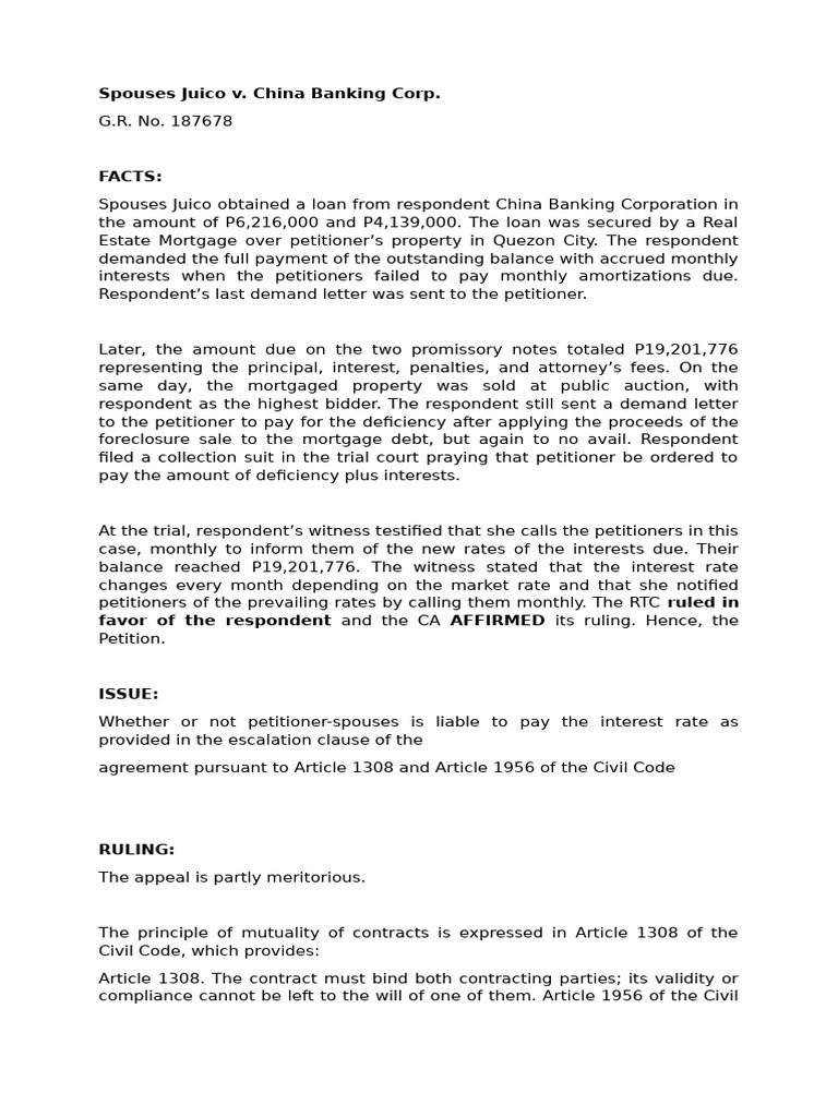 Juico v. China Bank: Escalation Clause Ruling | PDF | Mortgages | Interest