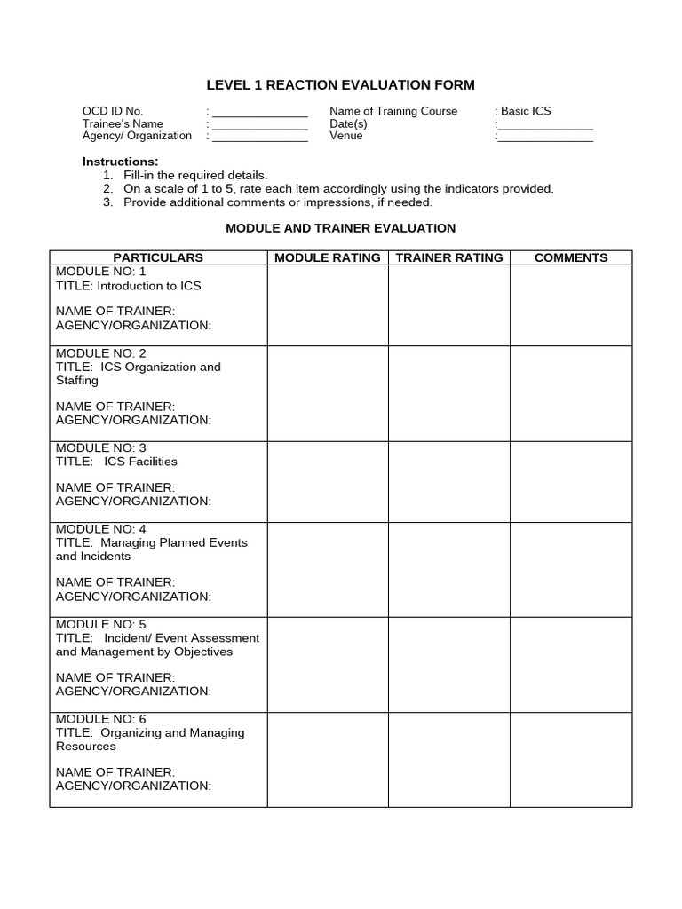 Level 1 Reaction Evaluation Form | PDF | Incident Command System