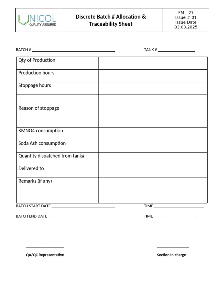 Discrete Batch # Allocation & Traceability Sheet (FM-27) | PDF