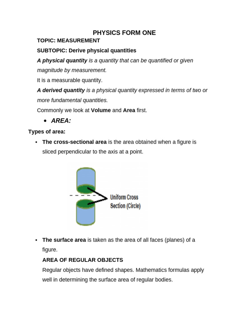 Physics Form One Measurement Lesson 2 | PDF | Area | Volume