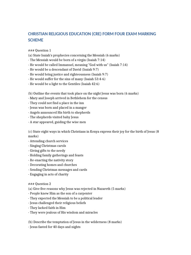 CRE Form Four Marking Scheme | PDF | Jesus | Nativity Of Jesus