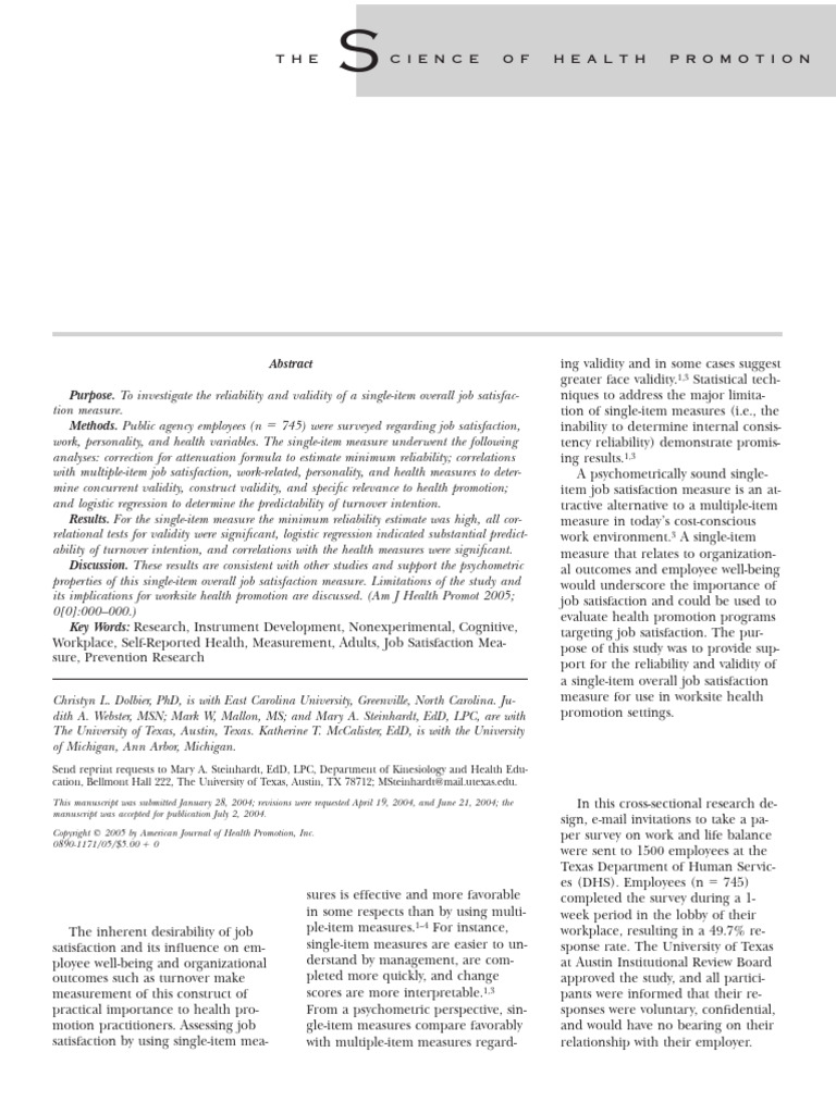 Lecture 11 Reliability and Validity of A Single-Item Measure of Job Satisfaction | PDF | Job ...