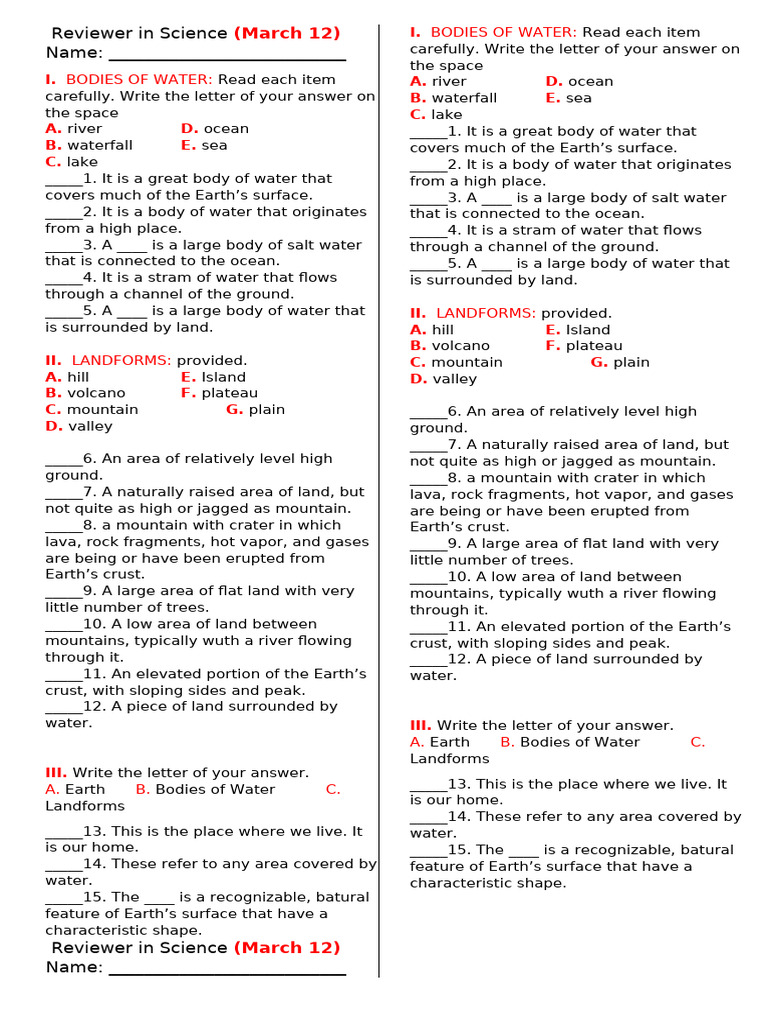 Science Review: Water & Landforms | PDF | Mountains | Lava