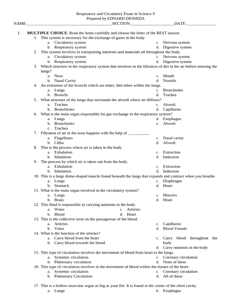 Respiratory and Circulatory Exam in Science 9-With Answer Key and ...