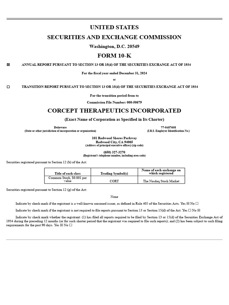 Corcept Therapeutics 10K 2024.12.31 | PDF | Cortisol | Medical Specialties