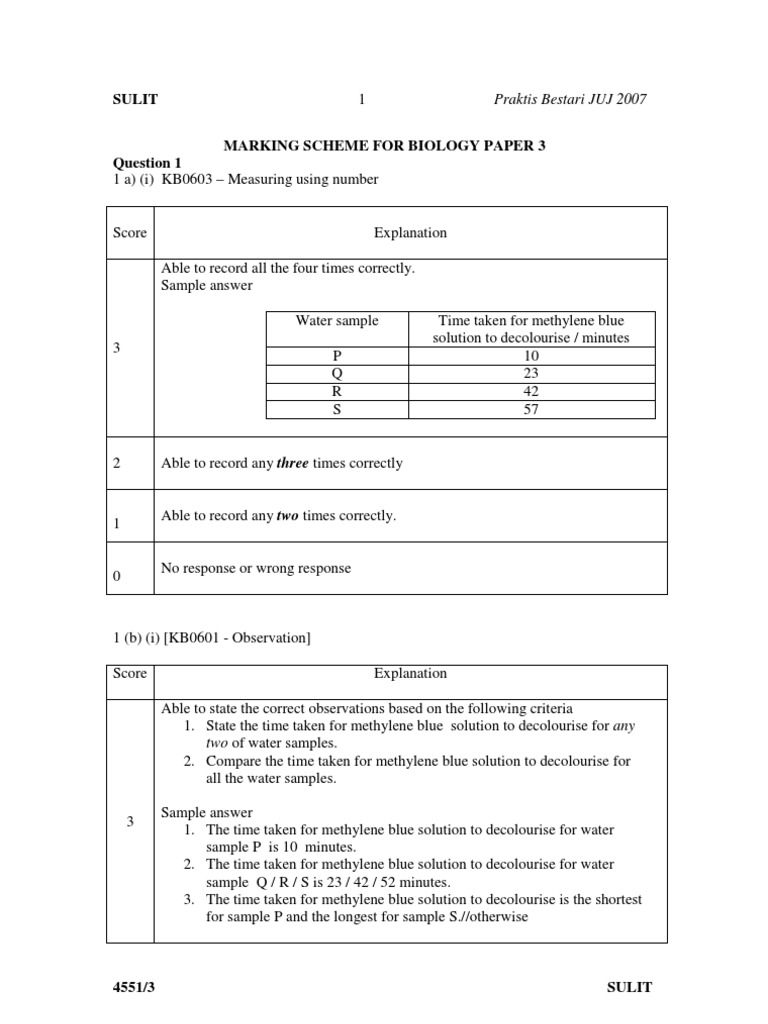 Marking Scheme Bio Paper 3 07 | PDF | Experiment | Oxygen