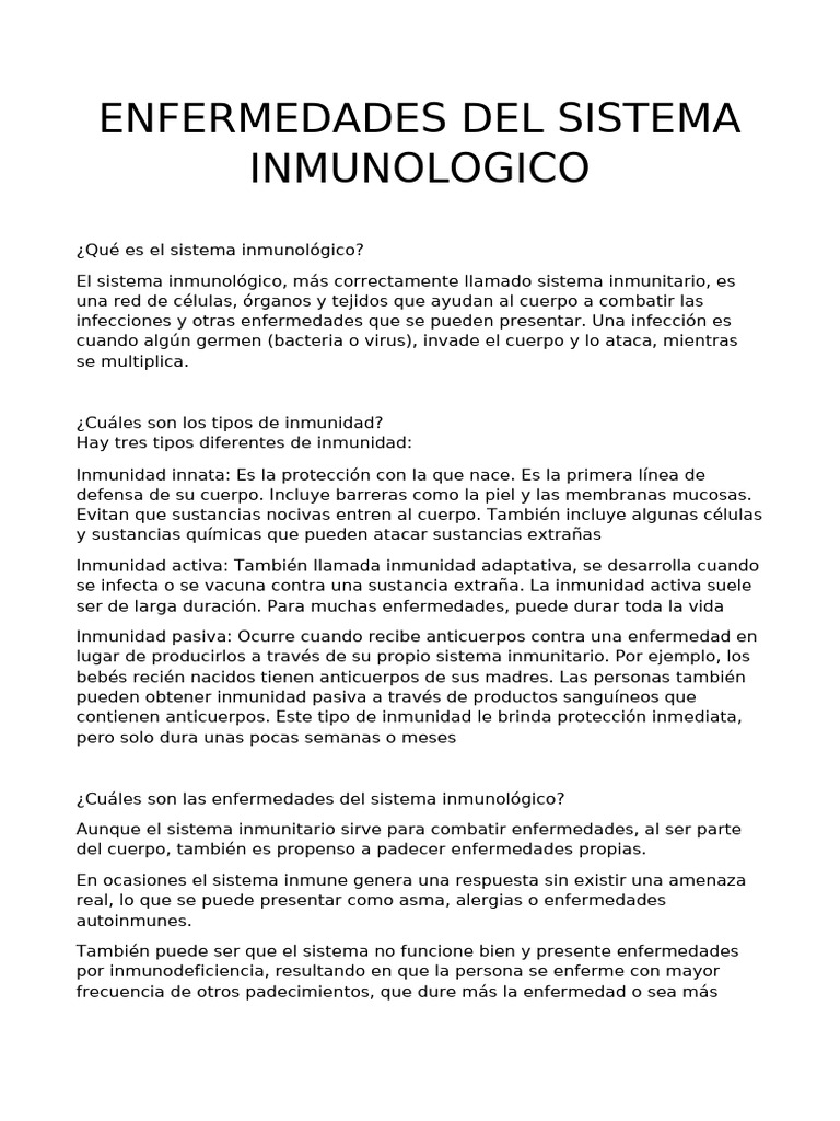 Enfermedades Del Sistema Inmunologico | PDF | Sistema inmune | Alergia