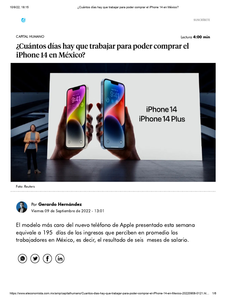 ¿Cuántos Días Hay Que Trabajar para Poder Comprar El Iphone 14 en México | PDF | Yo telefono ...
