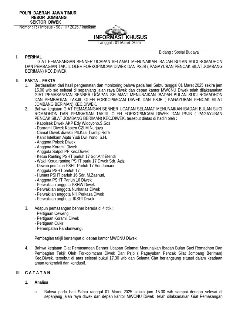 INSUS Pemasangan Benner Dan Pembagian Takjil PSJB Diwek | PDF