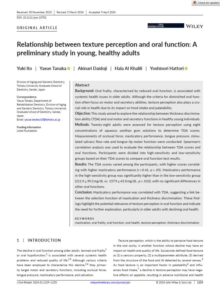 Relationship Between Texture Perception and Oral Function - A ...