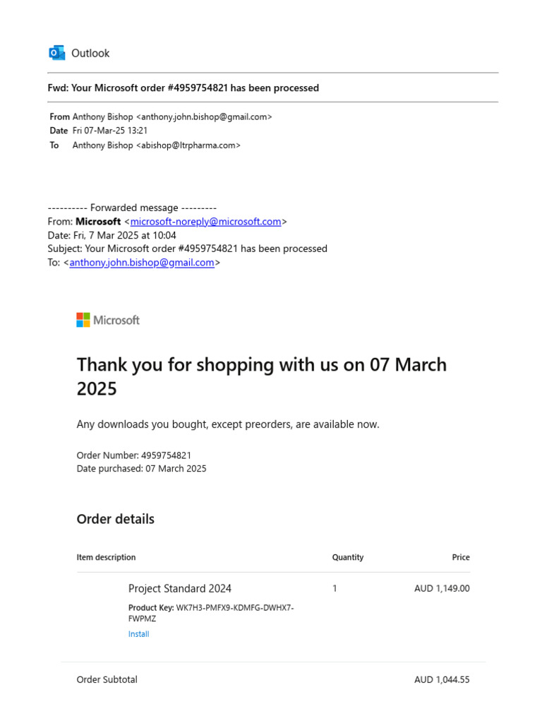 FWD - Your Microsoft Order #4959754821 Has Been Processed - Anthony ...