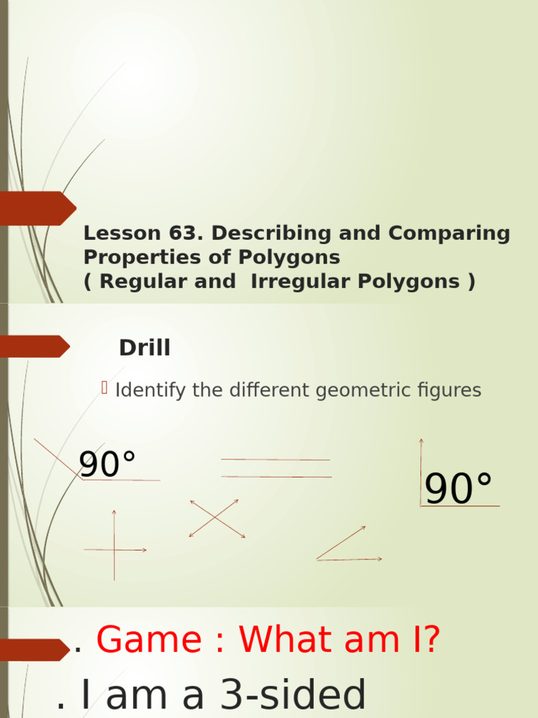 Grade 5 PPT - Math - Q3 - W3 - Lesson 63 - Describing and Comparing Properties of Polygons | PDF