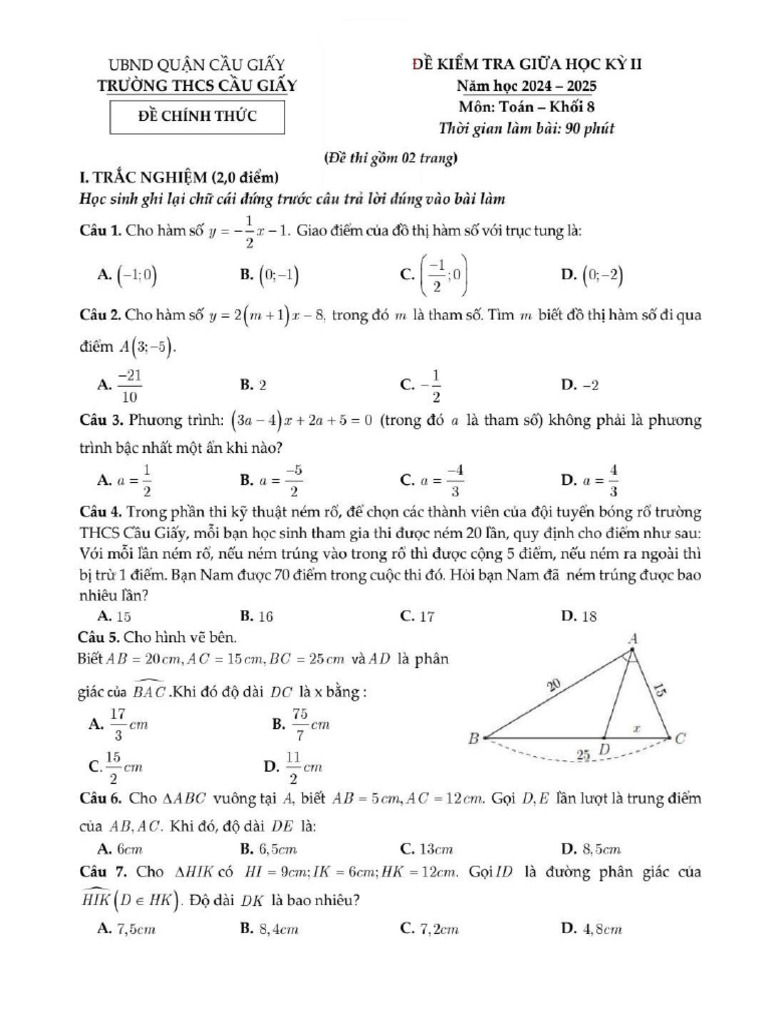 De Giua Hoc Ky 2 Toan 8 Nam 2024 2025 Truong Thcs Cau Giay Ha Noi | PDF