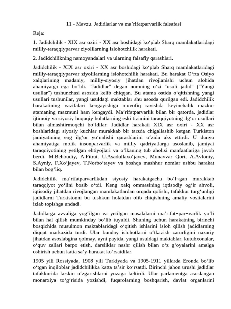 11 - Mavzu. Jadidlarlar Va Ma'rifatparvarlik Falsafasi | PDF