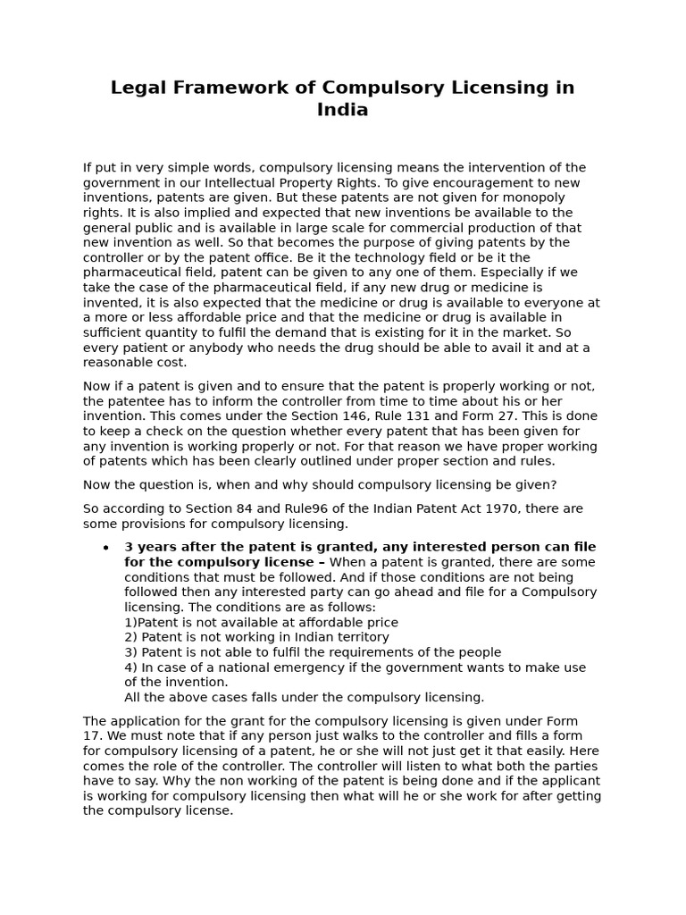 Compulsory Licensing in India Explained | PDF | Patent | Glossary Of ...