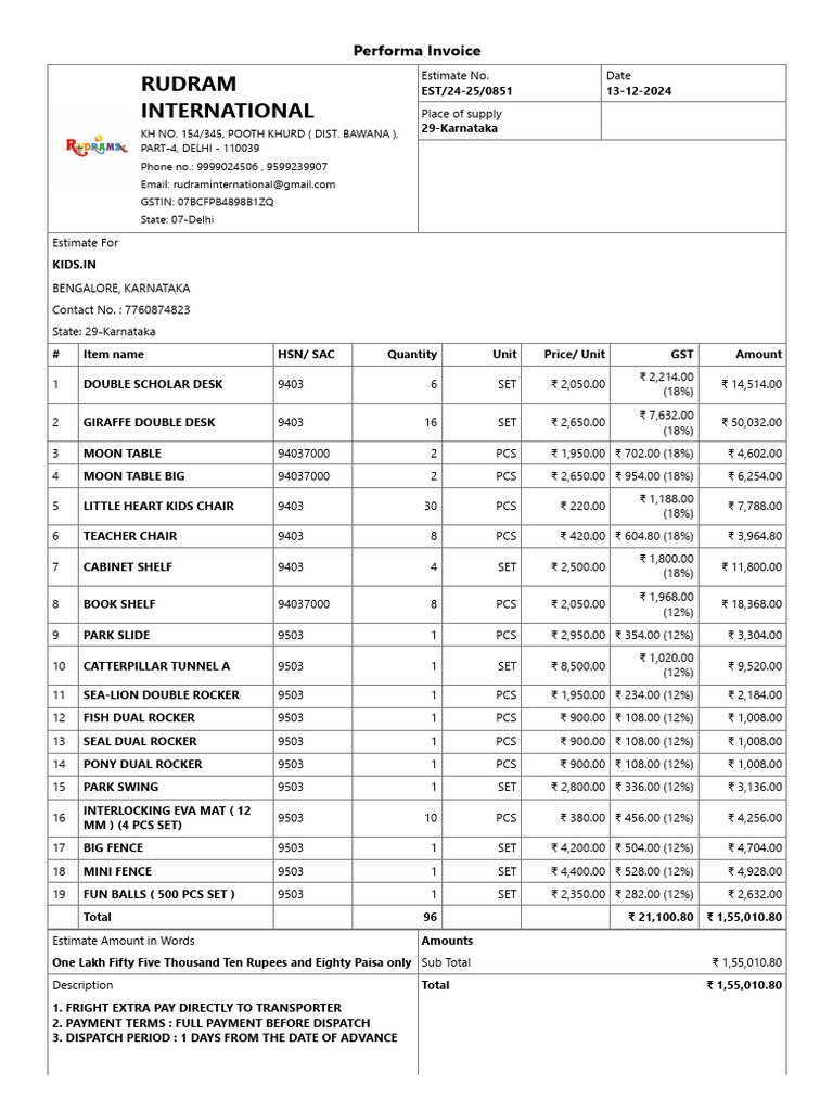 Performa Invoice - EST 24-25 0851 - 13 - 12 - 24 | PDF | Rupee | Currency