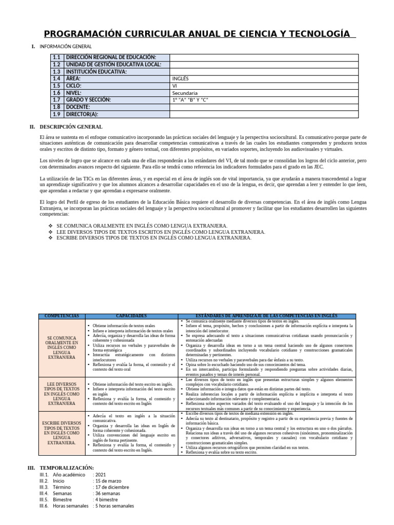 1ro Programacion Anual INGLÉS | PDF | Sustentabilidad | Idioma en Inglés