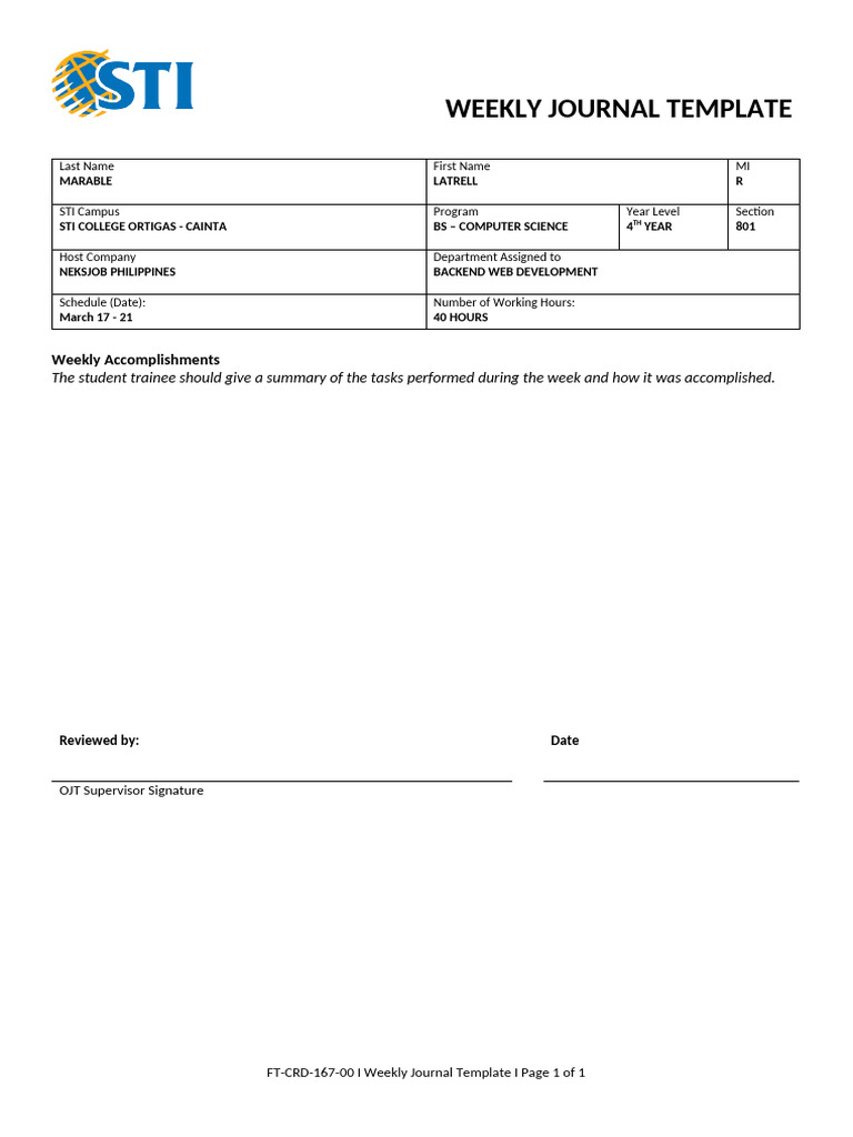 Weekly Journal for STI Internship | PDF