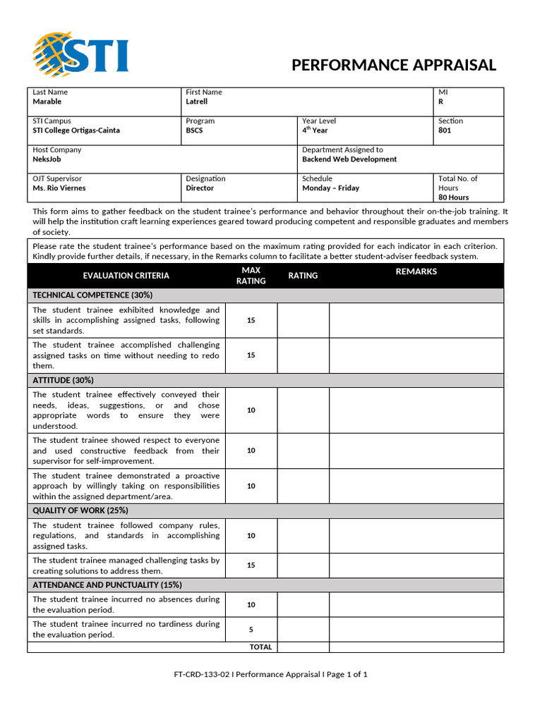 FT CRD 133 02 Performance Appraisal Template | PDF | Performance Appraisal | Behavioural Sciences