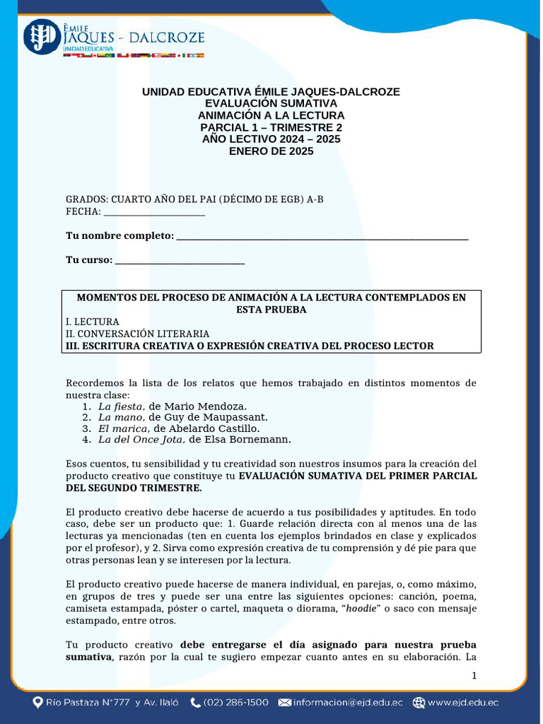 Sumativa t2 U1 - AnimaciÓn A La Lectura - DÉcimo de Egb - Cuarto Pai - Etrujillo - Enero 2025 ...