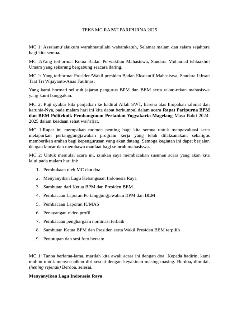 Teks MC Rapat Paripurna 2025 | PDF