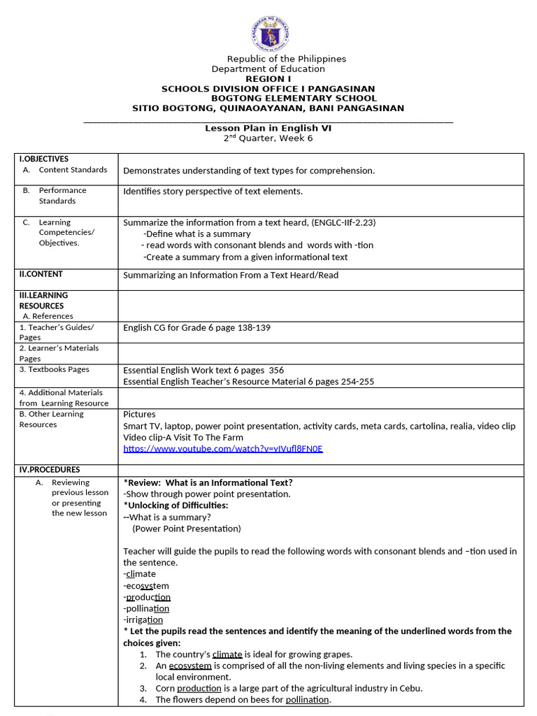 COT1 - Lesson Plan in English VI | PDF | Plants | Natural Environment