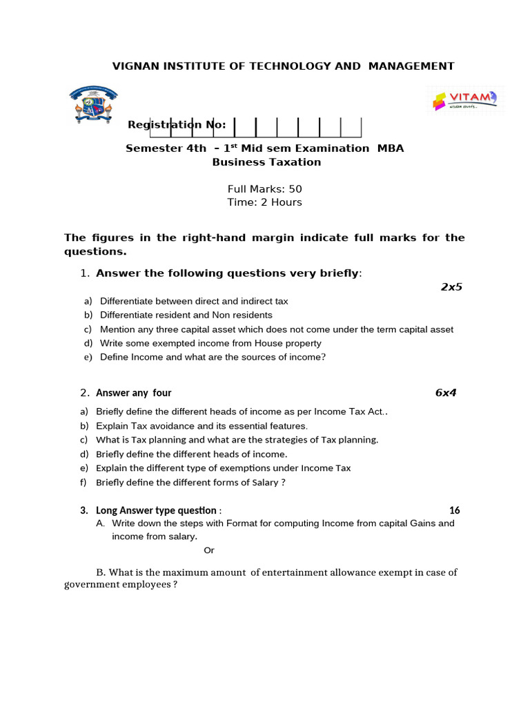 MBA 4th Sem Business Taxation Exam | PDF