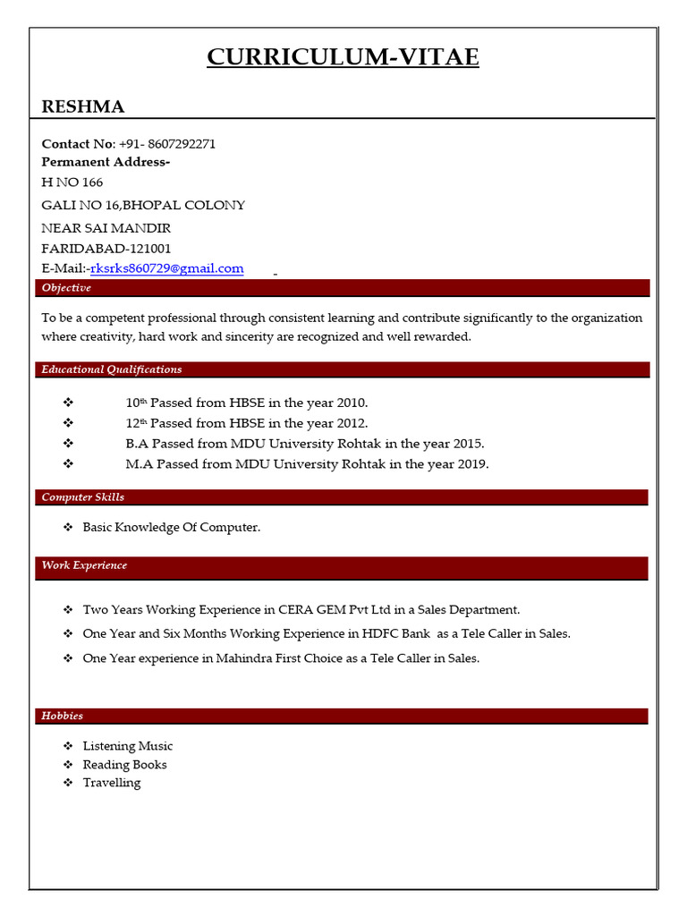 Curriculum-Vitae: Reshma | PDF