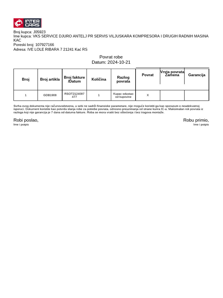 Povrat Robe Datum: 2024-10-21 | PDF
