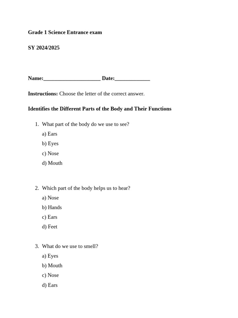 Grade 1 Science Entrance Exam | PDF | Senses | Taste