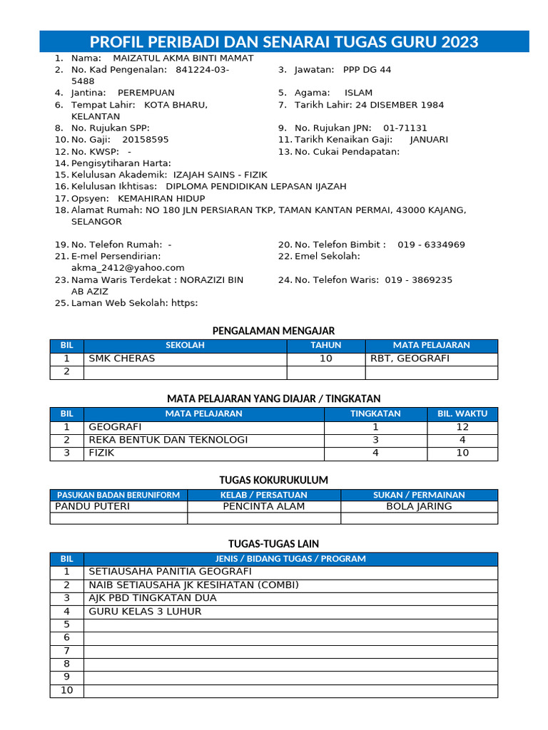 BRM - Profil - Peribadi - Dan - Senarai - Tugas - Guru 2023 | PDF