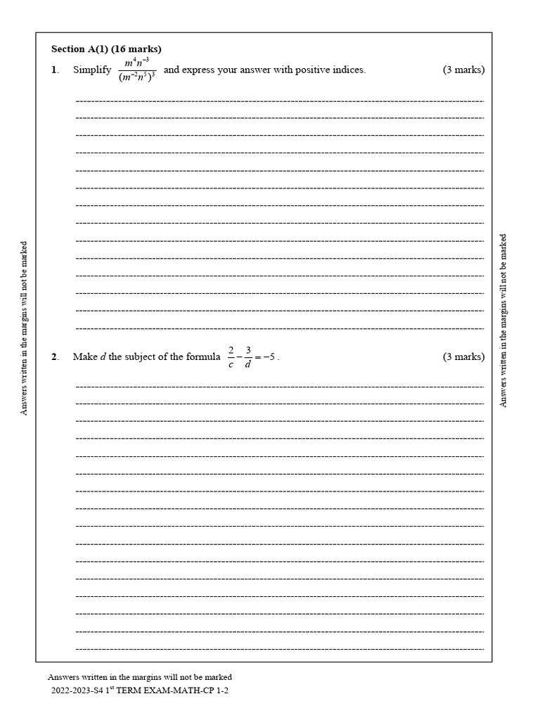 2022-2023 Math Exam Questions and Solutions | PDF | Cartesian ...