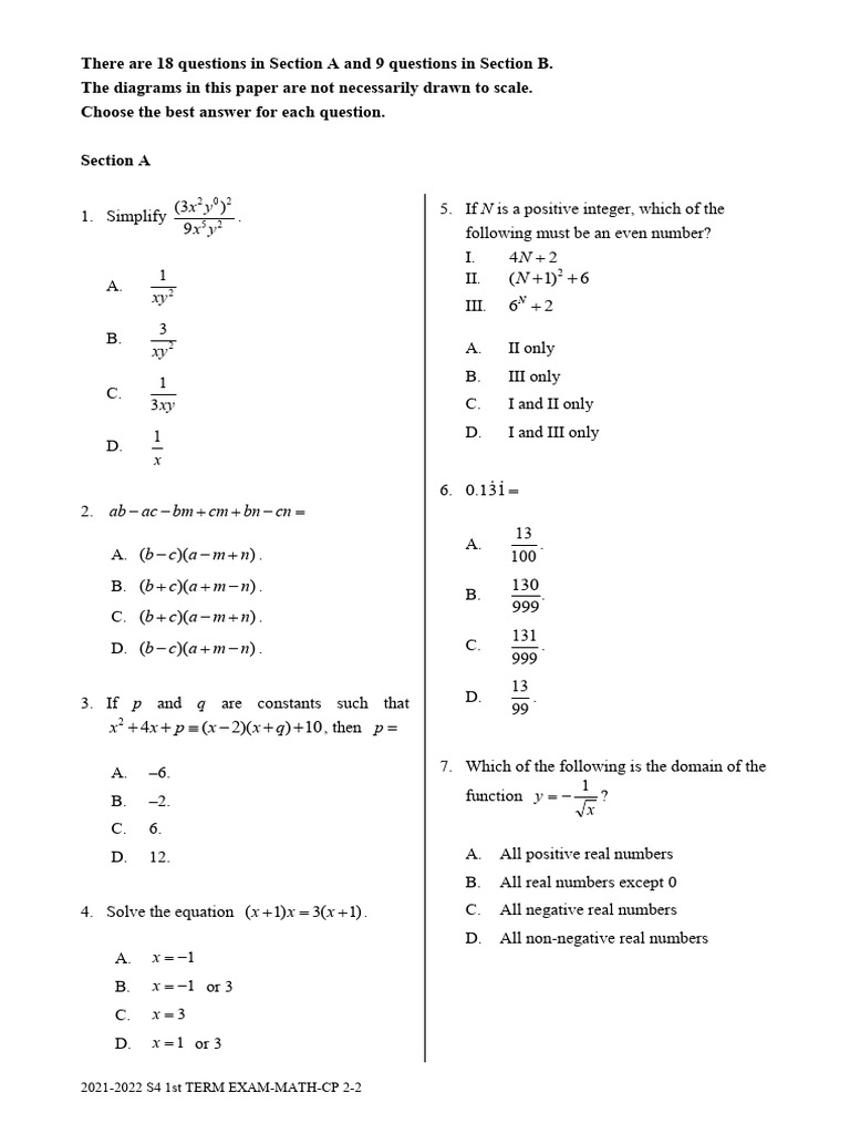 2021 2022 s4 1st Term Exam Math CP 2 | PDF | Quadratic Equation ...