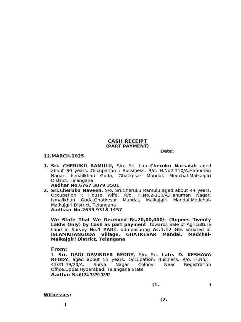 Cash Receipt for Land Sale Part Payment | PDF