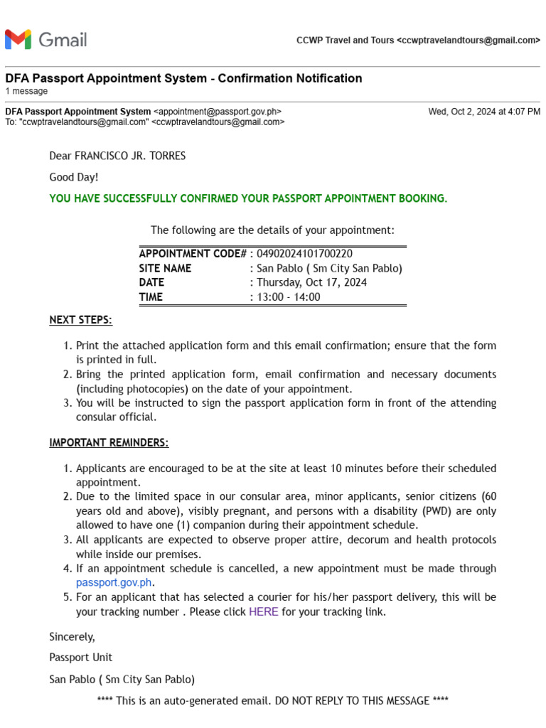 Gmail - DFA Passport Appointment System - Confirmation Notification ...