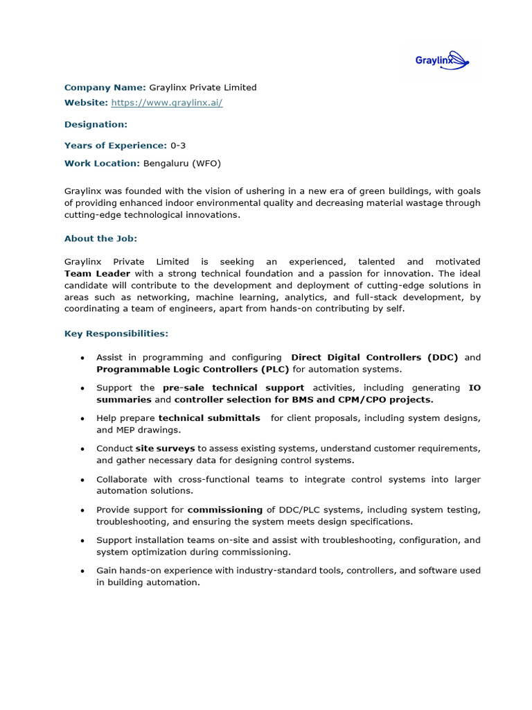 Graylinx Application Engineer Position | PDF | Automation ...