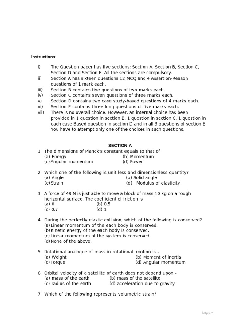 cbse-class-11-physics-final-term-question-paper-2023-24 | PDF | Force | Rotation Around A Fixed Axis