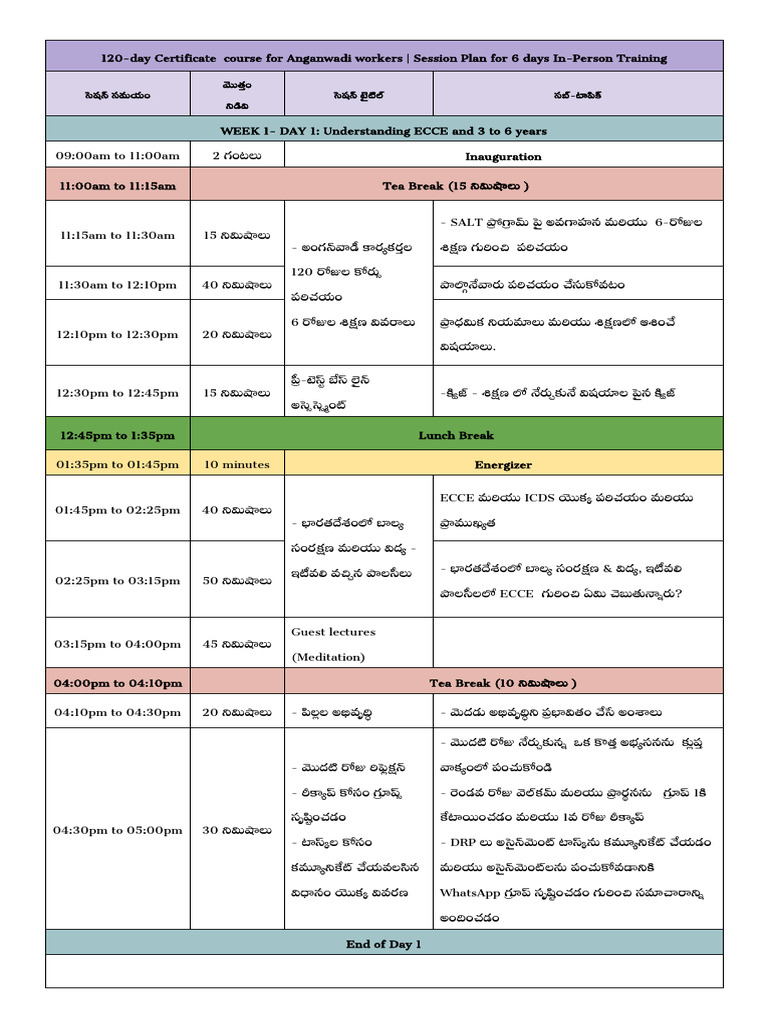 120-Days Anganwadi Session Plan For 6 Ddays | PDF