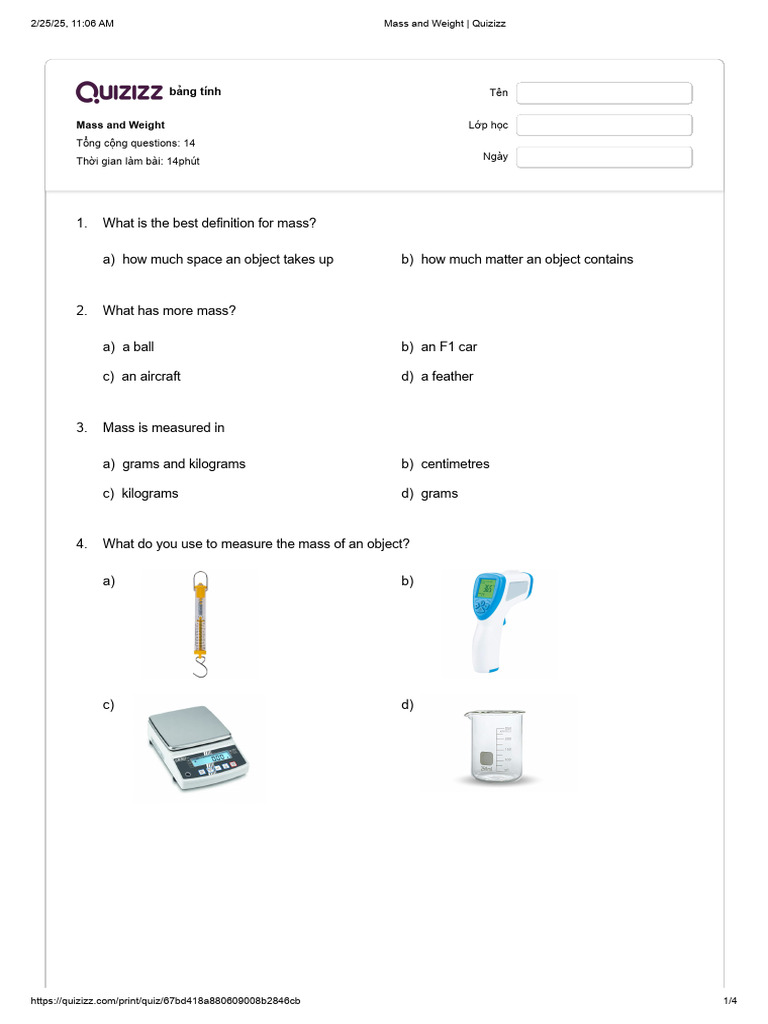 Mass and Weight Quiz Questions | PDF | Weight | Weighing Scale