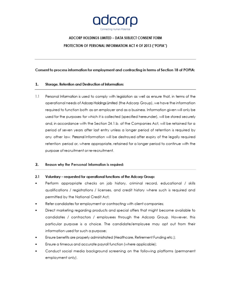 POPIA Candidate Consent Form - 2024 | PDF | Employment | Employee Retention
