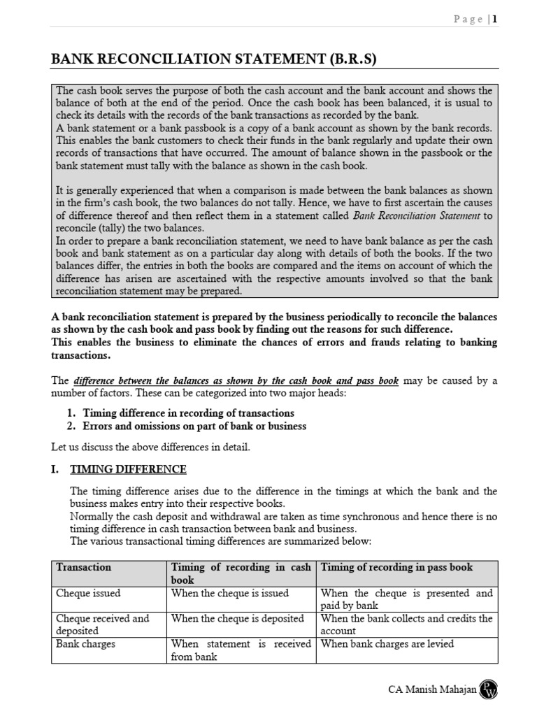 E-Notes - Bank Reconciliation Statement | PDF | Banks | Cheque