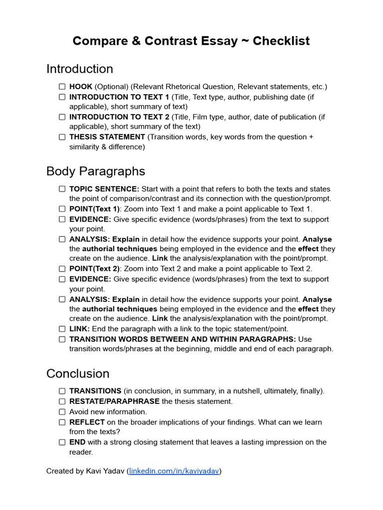 Compare & Contrast Essay Checklist | PDF