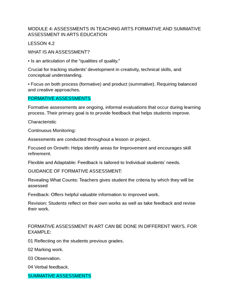 Assessments in Arts Education: Formative & Summative | PDF