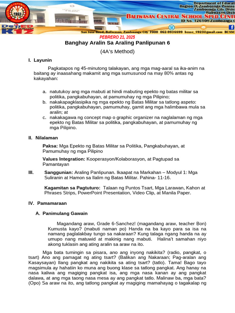 Unang Banghay Aralin Sa ArPan 6 - Mga Epekto NG Batas Militar Sa Politika, Pangkabuhayan, at ...