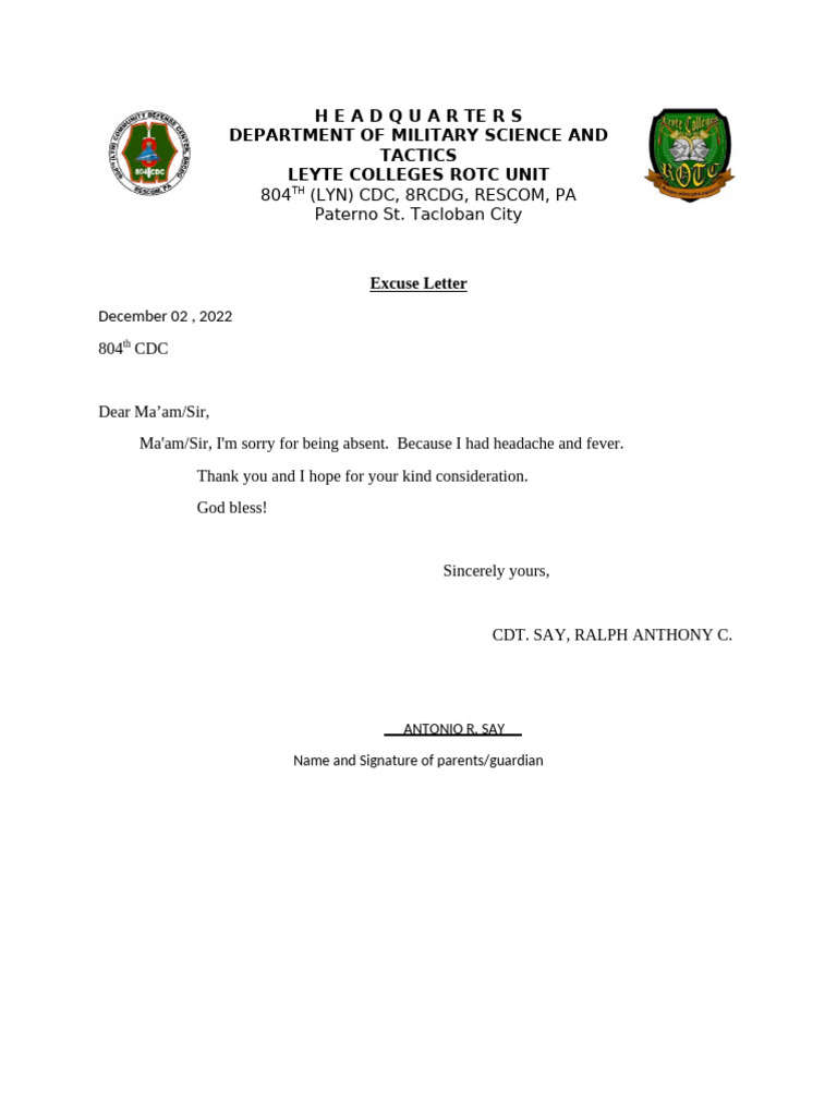 ROTC Excuse Letter Format | PDF